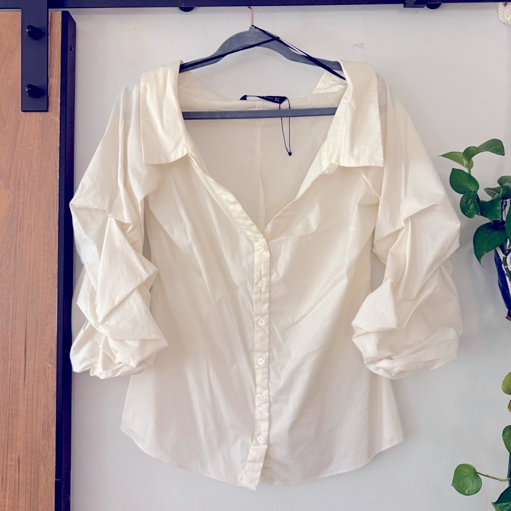 Zara Wide Neck/Off-Shoulder Button Down Blouse With O… - Gem